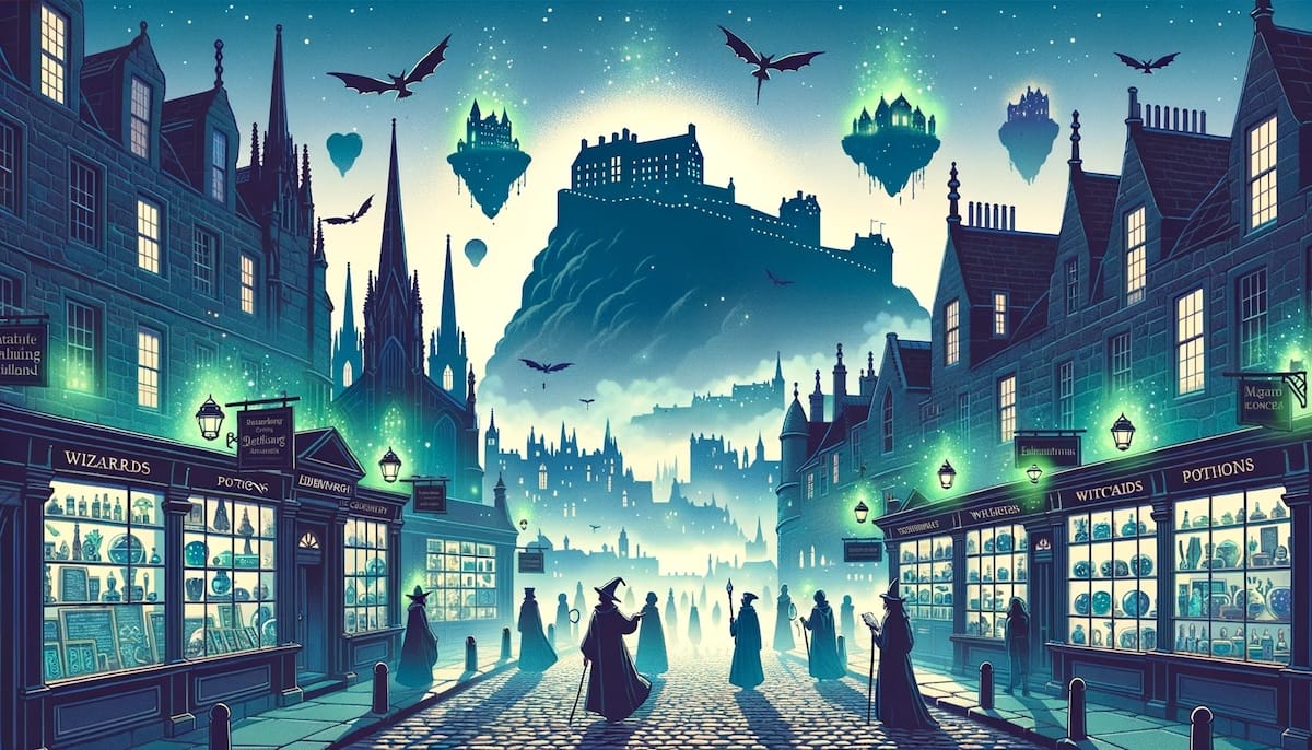 Editorial illustration in 16:9 format, showcasing a misty, magical Edinburgh, Scotland.