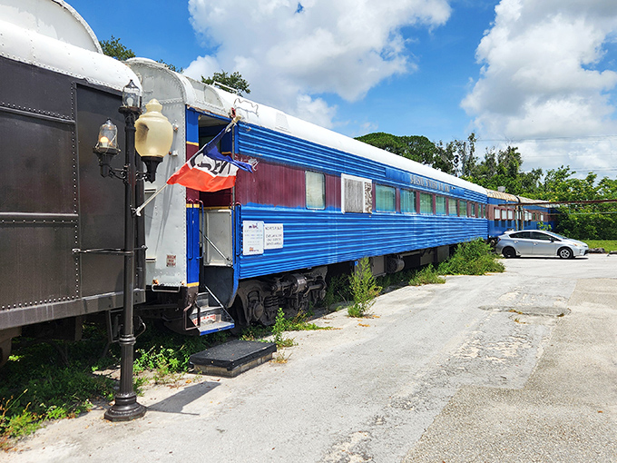 The striking blue exterior of Bob's Train welcomes adventurous diners with its vintage charm and Chilean flag &ndash; a hint at the unique experience waiting inside.