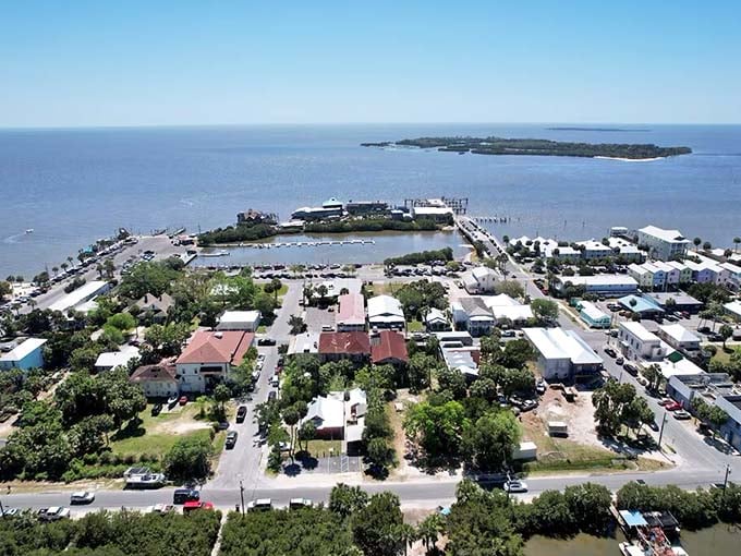 Cedar Key from above looks like Mother Nature's watercolor painting, all blues and greens blending into coastal perfection.