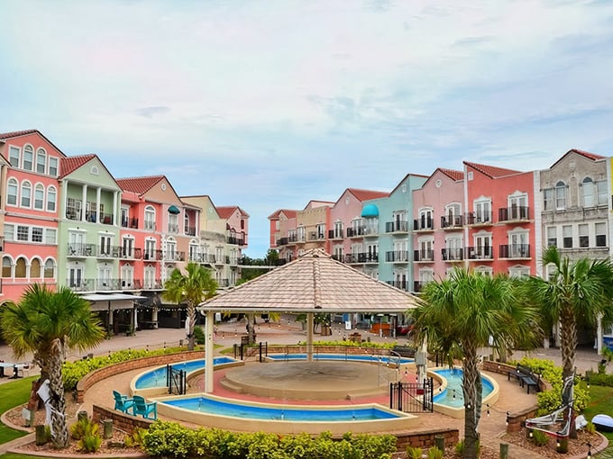 Pastel-colored buildings surround a central courtyard, creating a Mediterranean mirage in the heart of Florida's Palm Coast.
