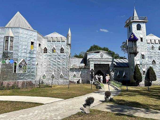 Solomon's Castle gleams in the Florida sunshine, its aluminum exterior creating a medieval mirage that seems delightfully out of place among the palm trees.