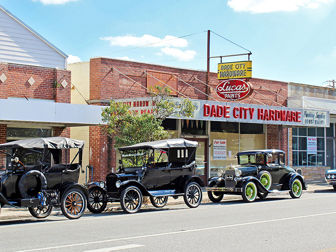 Vintage charm meets small-town hospitality at Dade City Hardware, where classic cars line the streets during special events.