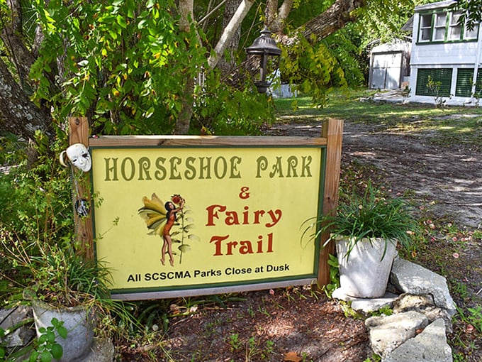 The welcoming sign to Horseshoe Park & Fairy Trail stands guard at the entrance, promising magical adventures beyond the ordinary Florida experience.