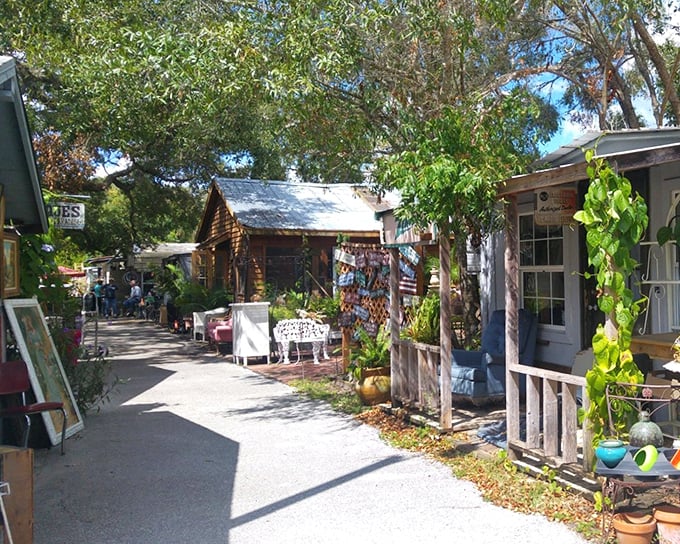 Rustic charm meets treasure-hunting paradise along this shaded pathway, where each wooden booth promises discoveries waiting to be unearthed.