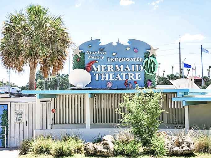 Weeki Wachee Springs State Park: The iconic blue and white entrance sign welcomes visitors to this slice of vintage Florida magic, where mermaids swim and childhood wonder comes alive.