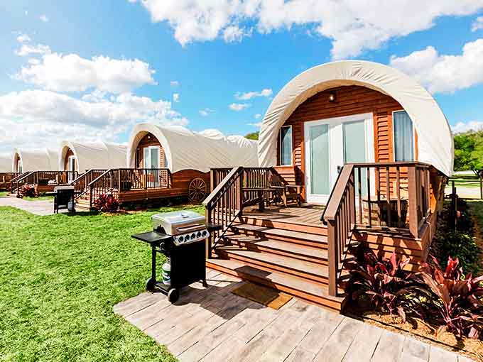Those aren't movie props, folks. These covered wagons come with AC, real beds, and the kind of Instagram potential that would make any pioneer jealous of the future.