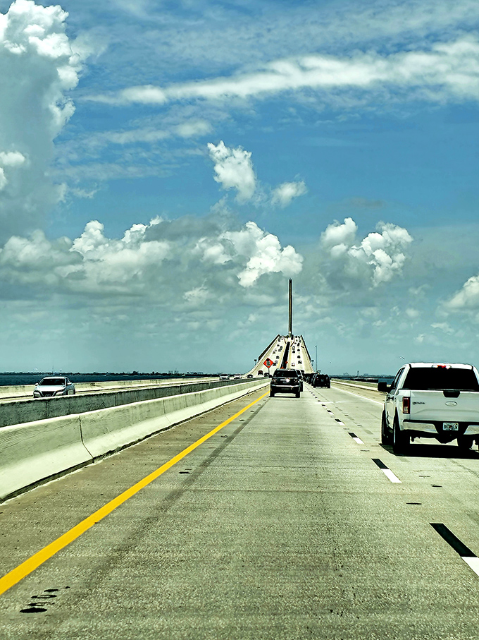 The approach to the bridge builds anticipation, with the roadway rising gradually before launching drivers into that exhilarating suspended journey across the bay.