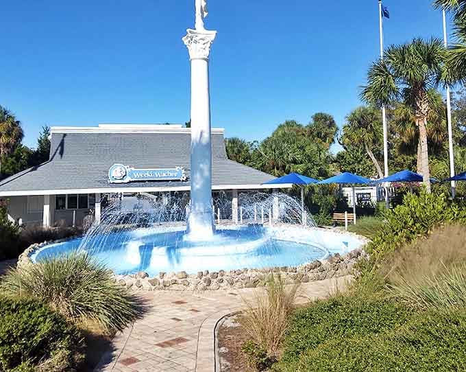 Fountain: A classical fountain creates a cooling mist near the park entrance, combining old-world charm with practical relief from Florida's famous humidity.