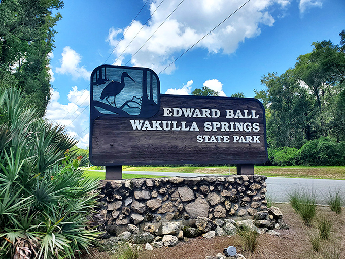 The official welcome to Florida's liquid cathedral, where the carved heron silhouette hints at the wildlife wonders waiting beyond.