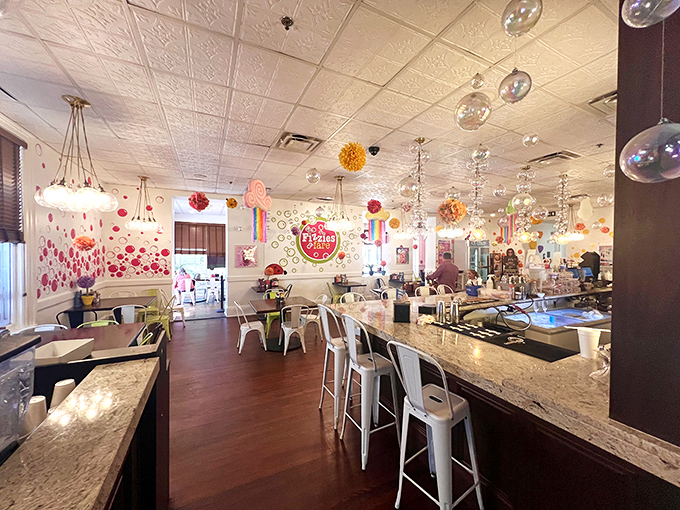 The "Fizzies and Fare" section offers a moment of savory respite in this sugar kingdom &ndash; because even candy enthusiasts need balance.