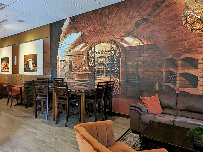 The café's cozy interior features murals of chocolate cellars, creating ambiance that's both educational and appetite-inducing.