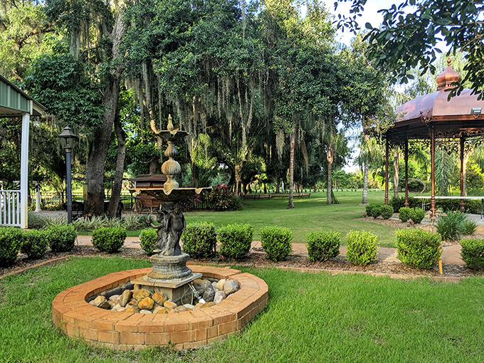 Water features add tranquil music to the grounds, with this fountain creating a peaceful focal point for garden wanderings between treehouse naps.