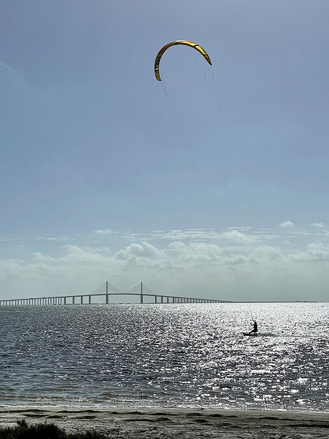 Adventure seekers find the waters near the Skyway perfect for kitesurfing, adding human grace notes to the already spectacular coastal symphony.