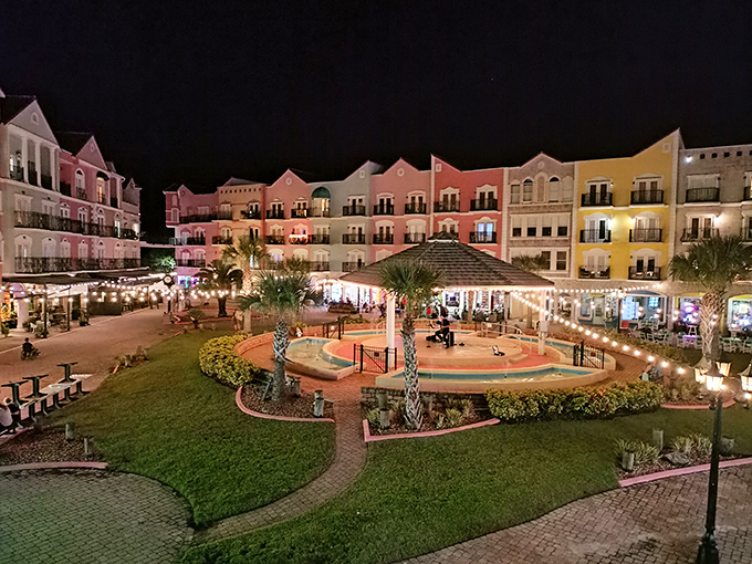 As night falls, twinkling lights transform the village into a magical wonderland that rivals any European plaza.