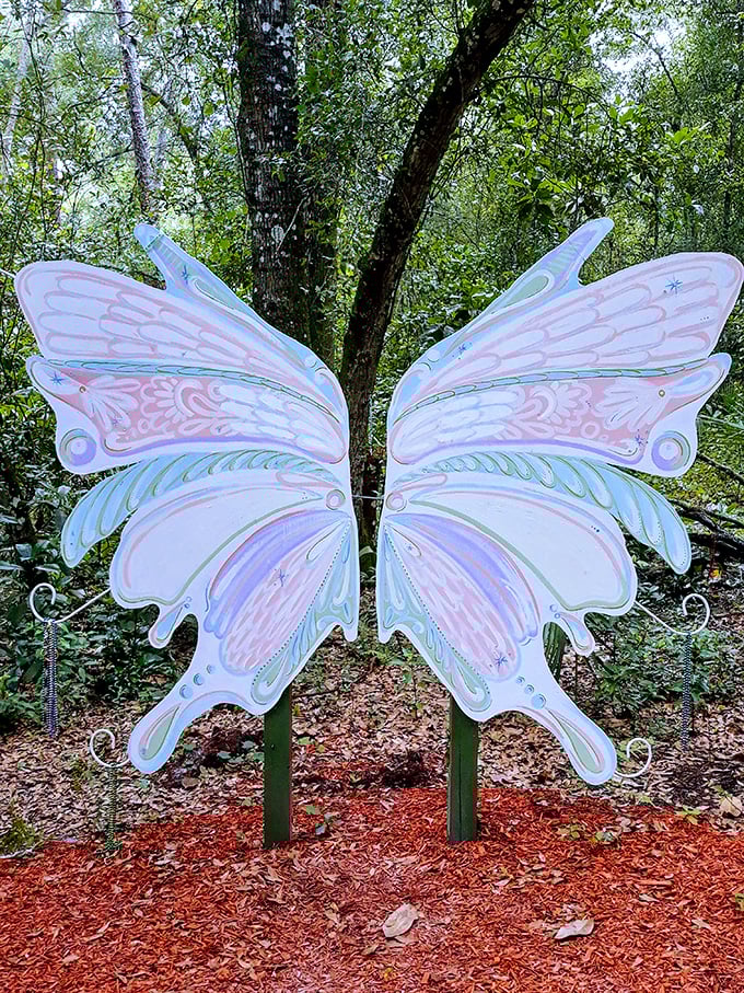 The butterfly wings installation transforms visitors into temporary fairy creatures, a photo opportunity too magical to resist.