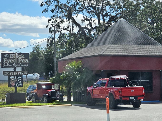 The Black Eyed Pea restaurant serves up Southern classics in a building that looks straight out of a country song.