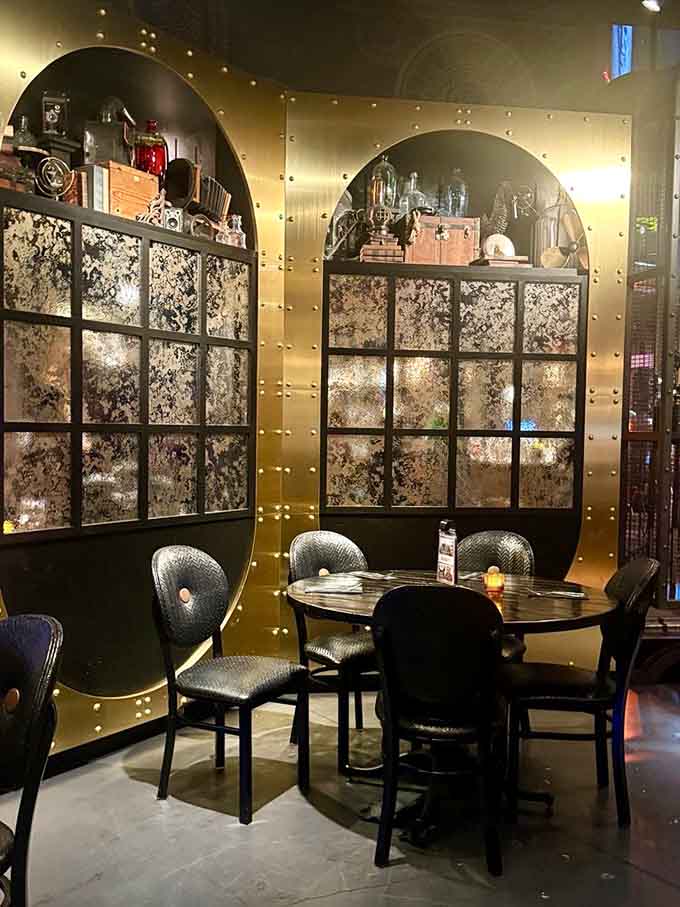 Dining areas feature enough brass, gears, and Victorian charm to make you wonder if you've time-traveled to 1885.