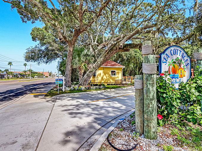 The welcoming entrance sign offers the first hint of the whimsical experience awaiting guests at this unique Amelia Island retreat.