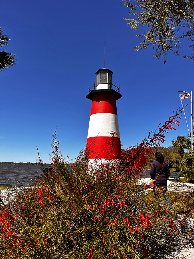 Vibrant firecracker plants add a splash of natural red to complement the lighthouse's painted stripes.