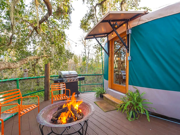 The firepit beckons with crackling flames and the promise of ghost stories that somehow seem more believable when told in a treehouse.