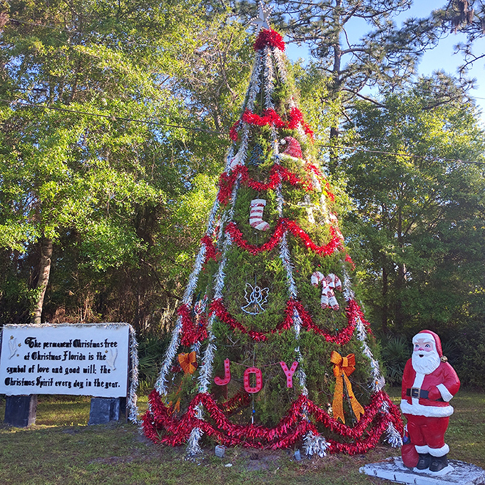 This permanent Christmas tree stands as a year-round reminder that some holiday traditions refuse to be confined to December.