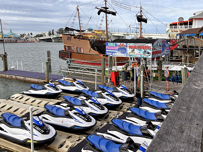 Water enthusiasts can trade land legs for wave runners, with these aquatic steeds lined up like horses at a modern-day coastal corral.