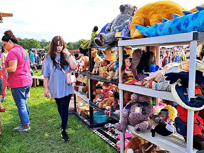 Stuffed animals galore! This plush paradise features cuddly companions of every size and species, their button eyes silently pleading for new homes.