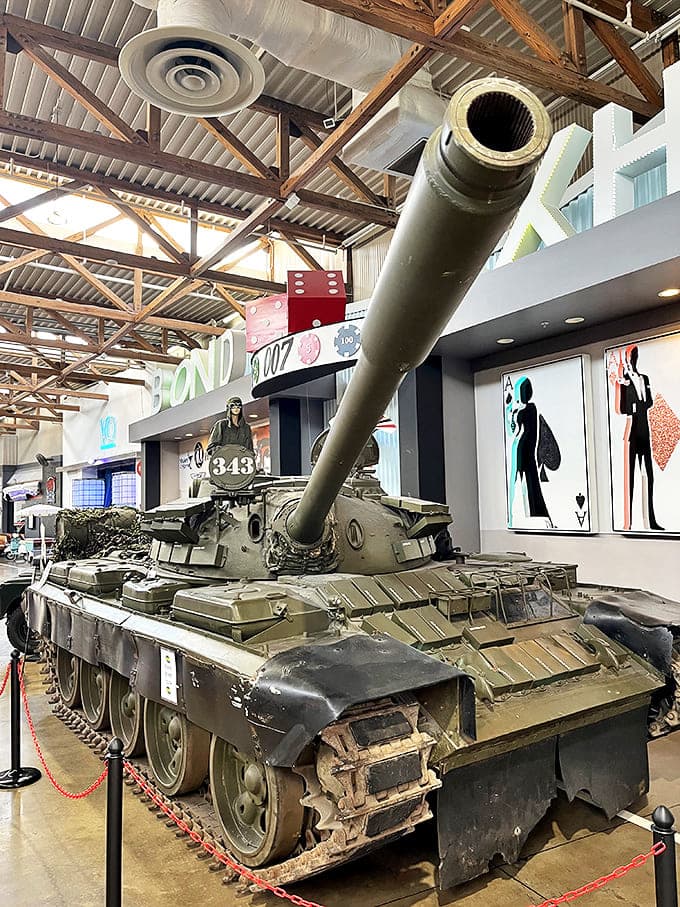 Not your average museum piece &ndash; this massive military tank commands attention in the military pavilion, its imposing presence a stark reminder of automotive history's serious side.