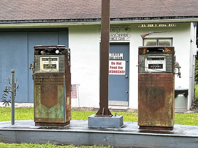 Rusty gas pumps stand as silent witnesses to Loop Road's colorful past, when outlaws and moonshiners called this area home.