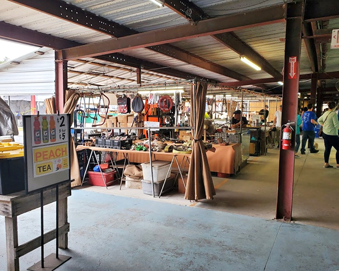 Outdoor vendors display their wares on simple folding tables, creating the authentic flea market experience where unexpected treasures hide in plain sight.