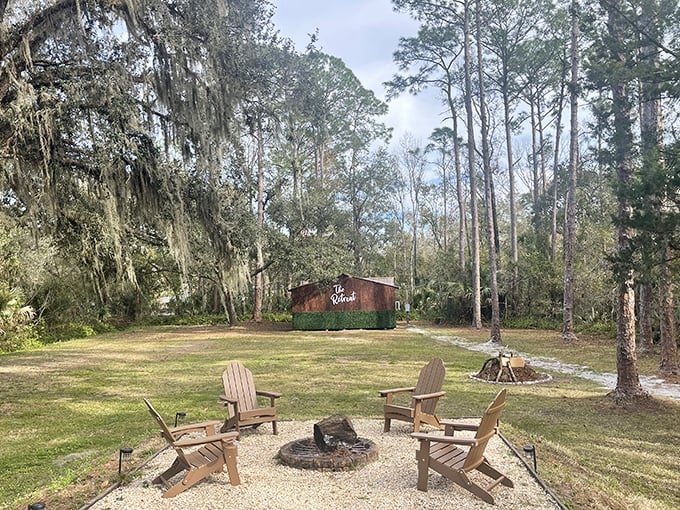 The Retreat offers a rustic gathering spot where stories are shared around the fire pit under star-filled Florida skies.