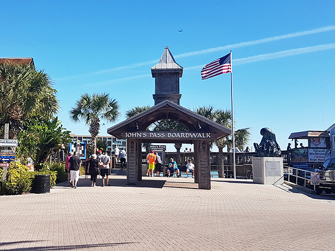The charming entrance welcomes visitors with old Florida style, standing as a wooden gateway to seafood feasts and maritime memories.