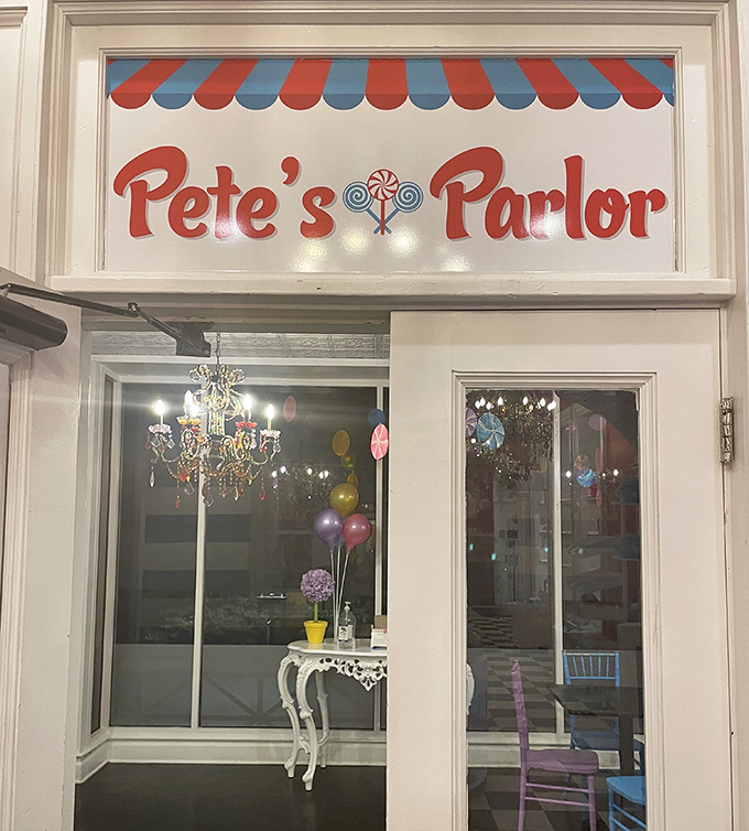 Pete's Parlor entrance beckons with its classic awning and promise of ice cream delights &ndash; resistance is both futile and unnecessary.