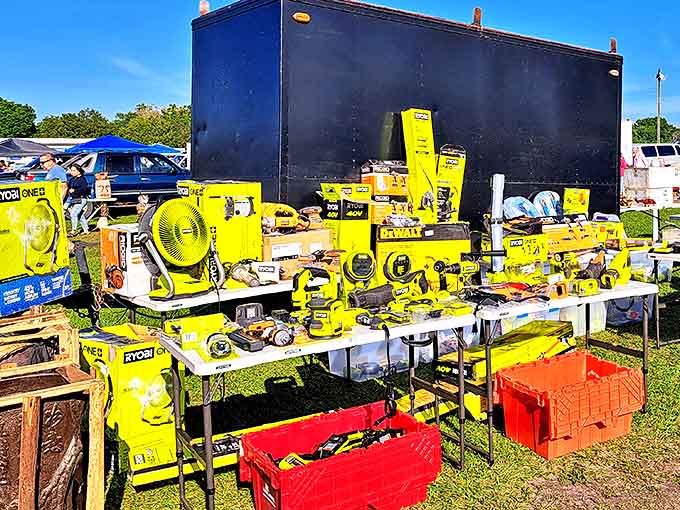 DIY dreams come true at this power tool paradise, where yellow Ryobi and DeWalt equipment promises weekend projects and home improvements galore.