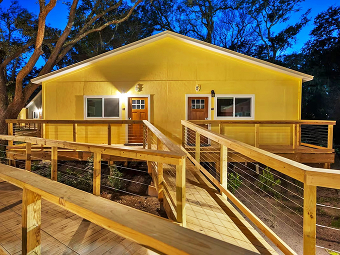 Cottages in sunny yellow bring perpetual sunshine, even on cloudy days, with their cheerful facades and welcoming porches.