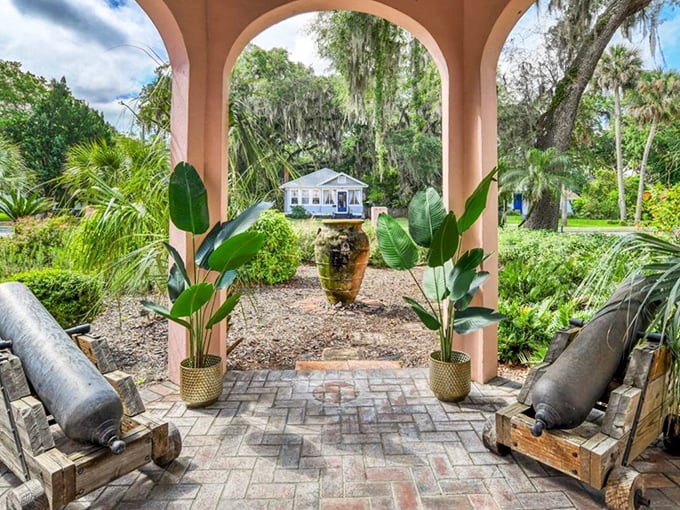 Ancient cannons stand guard on this brick patio, a nod to St. Augustine's fortress history and the castle's defensive heritage.