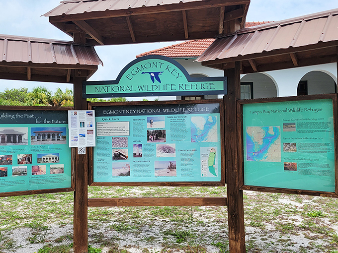 Information central: These educational panels reveal Egmont Key's dual identity as both wildlife sanctuary and historical treasure.