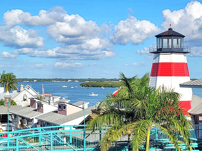 This lighthouse view captures Madeira Beach's essence &ndash; where azure waters meet colorful buildings under impossibly blue Florida skies.