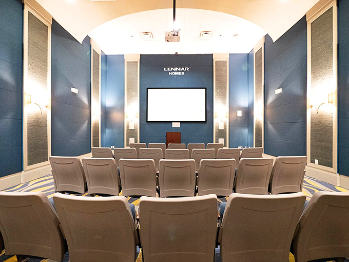 The screening room offers theater-quality viewing without sticky floors or overpriced snacks, which is honestly the dream.
