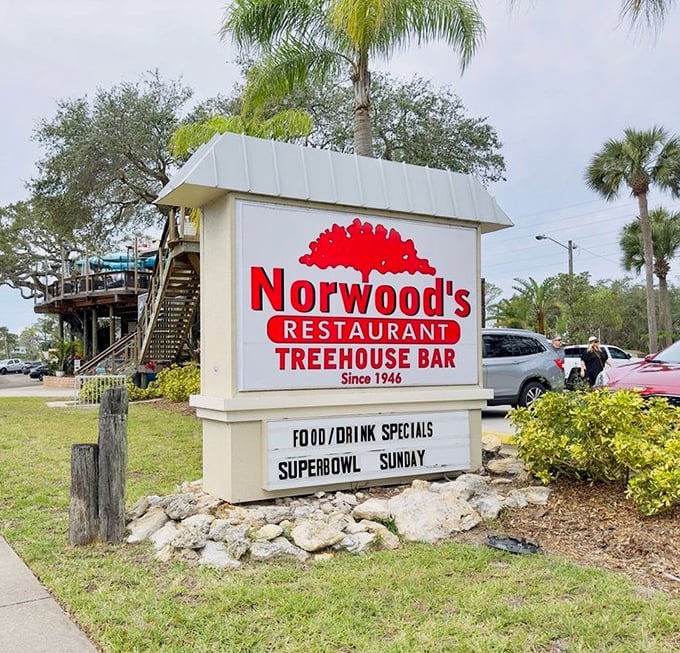 Norwood's iconic sign stands as a beacon for hungry travelers, announcing its dual identity as both restaurant and treehouse bar since 1946.