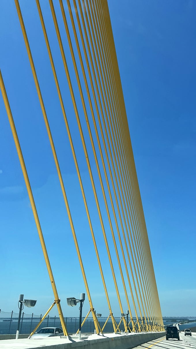 The golden support cables catch the sunlight differently throughout the day, creating an ever-changing visual experience for those crossing the span.