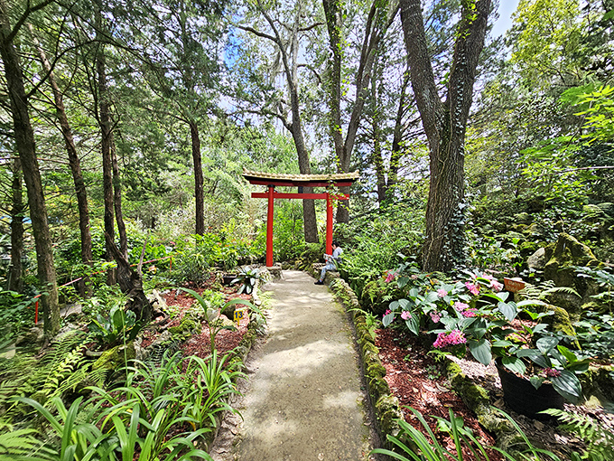 The vermilion Torii gate serves as a symbolic threshold, inviting visitors to leave ordinary life behind and enter a realm of tranquility.