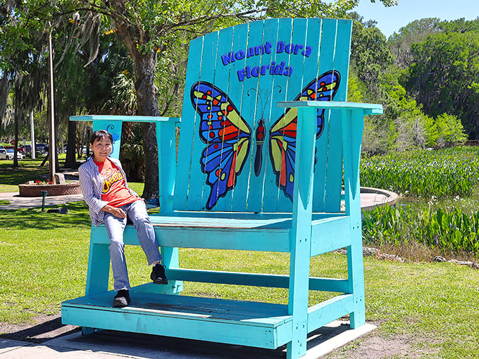 "We Love Mount Dora, Florida" &ndash; this whimsical giant chair invites visitors to become part of the town's colorful landscape.