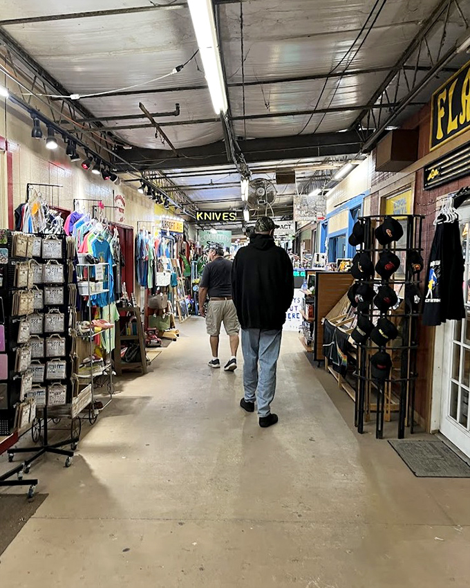 Bargain hunters navigate this no-nonsense marketplace corridor, where practical needs meet collectible desires under industrial ceiling fixtures.