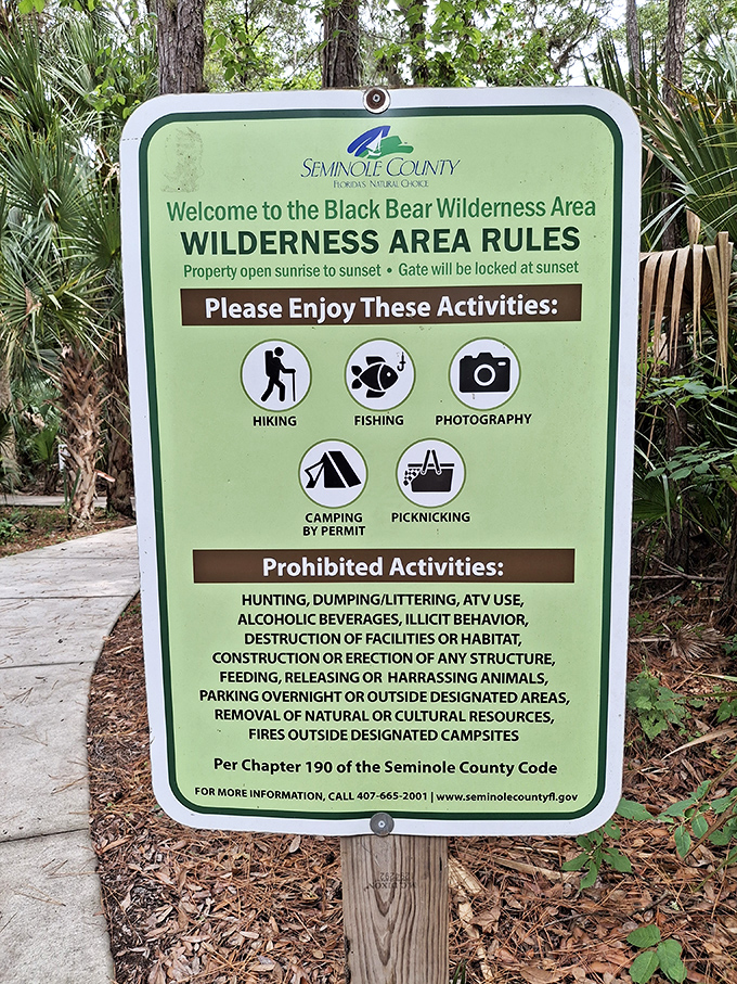 Seminole County's rules sign stands as a gentle reminder that we're guests in this wilderness, not the other way around.