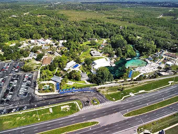 Aerial View: From above, the compact wonder of Weeki Wachee reveals itself &ndash; a verdant oasis of entertainment nestled within Florida's natural landscape.