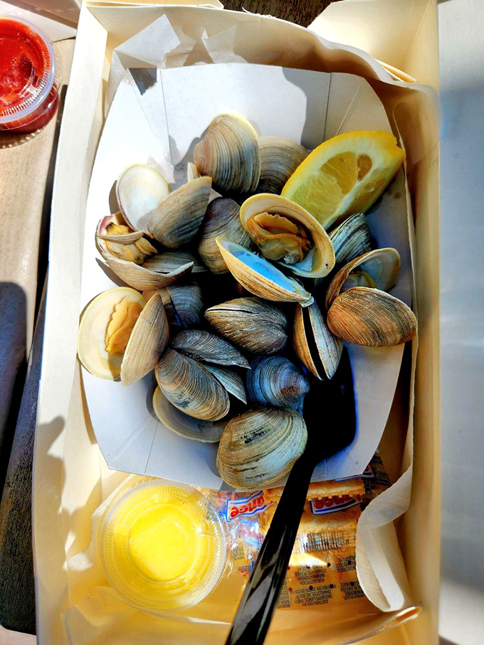 Little neck clams nestled in their shells like oceanic treasures, waiting for just a squeeze of lemon to release their briny sweetness.