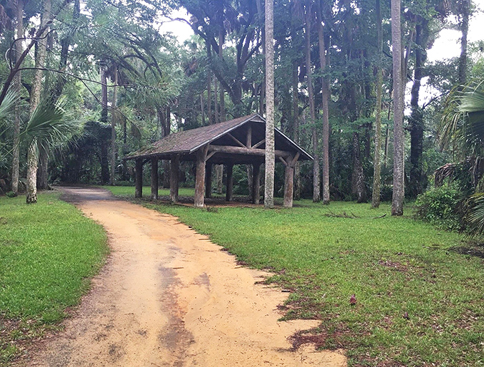 This rustic pavilion stands ready for gatherings rain or shine, a testament to the CCC's belief that nature should be enjoyed in all weather.