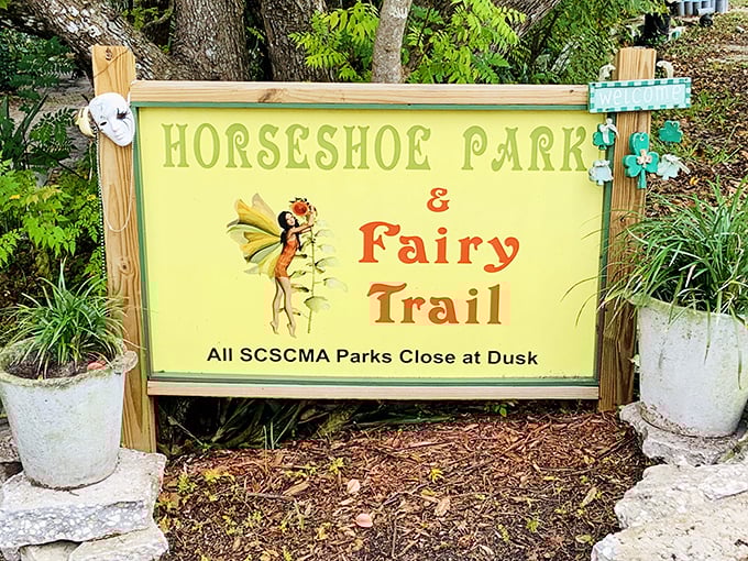 The iconic Horseshoe Park & Fairy Trail sign reminds visitors that all parks close at dusk &ndash; even magical ones need their nighttime privacy.