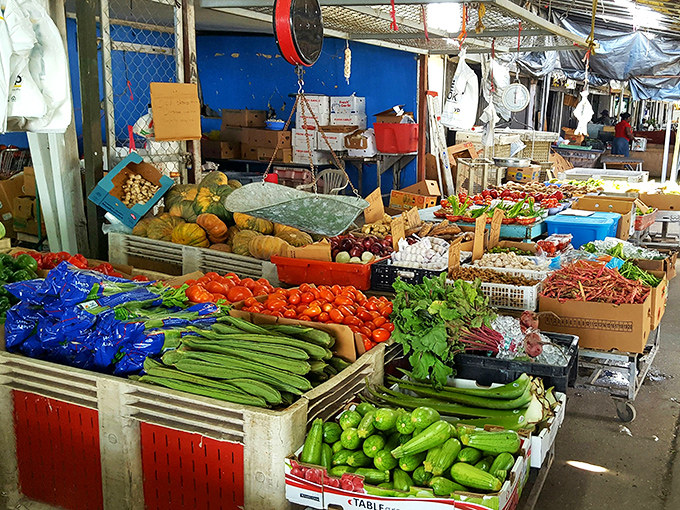 Farm-fresh produce brings a rainbow of colors and flavors to the market, often picked that very morning from local fields.